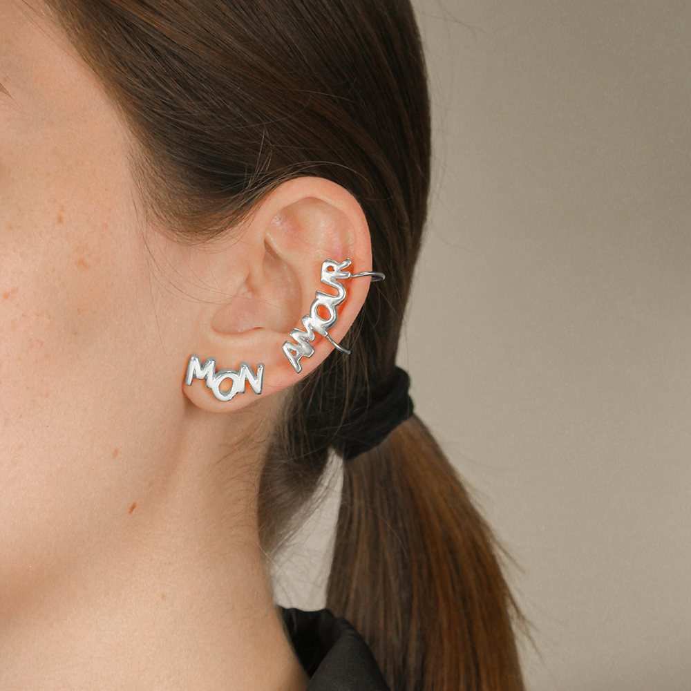 Earcuff Mon Amour Text Plata – Distribuidores US Daniela Salcedo